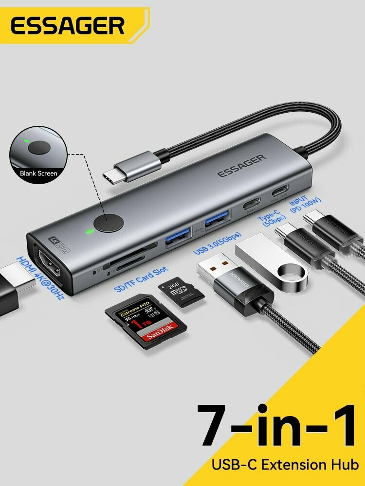 Essager 7-в-1 USB C концентратор 4K Type C к HDMI PD 100 Вт SD и TF USB 3.0 5 Гбит/ с Многопортовый