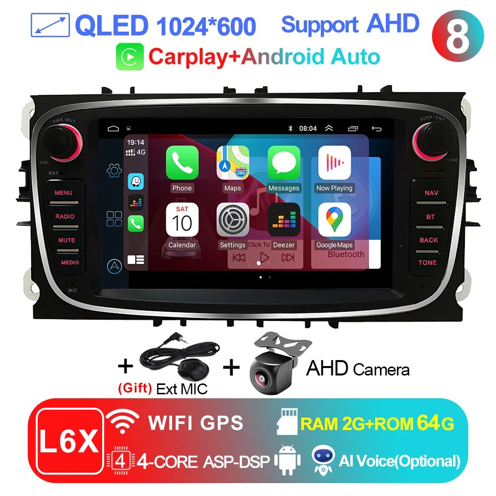 LEHX 4G HIFI Android 14 2 Din радио автомобильный мультимедийный плеер 7 дюймов авторадио gps carplay DVD для Ford Focus S-Max Mondeo Galaxy C-Max, B-L6X(2-64GB)CAM