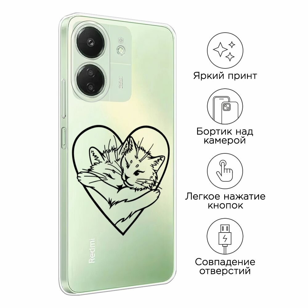 Чехол на Xiaomi Redmi 13C/Poco C65 / Сяоми Редми 13C с принтом "Влюблённые котики рисунок 3 - 14 февраля", прозрачный — фото 1