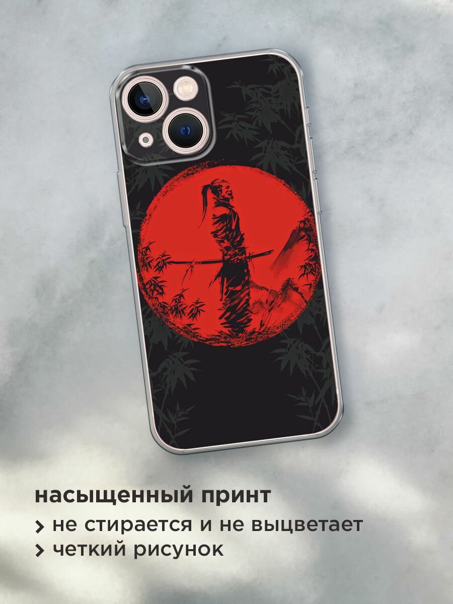 Чехол на Apple iPhone 13 mini / Айфон 13 мини с принтом "Самурай на красном фоне" — фото 1