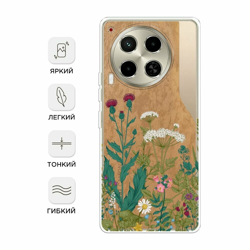 Чехол на Tecno Camon 30 4G / Текно Камон 30 4G с принтом "Дикие полевые цветы", прозрачный — фото 1