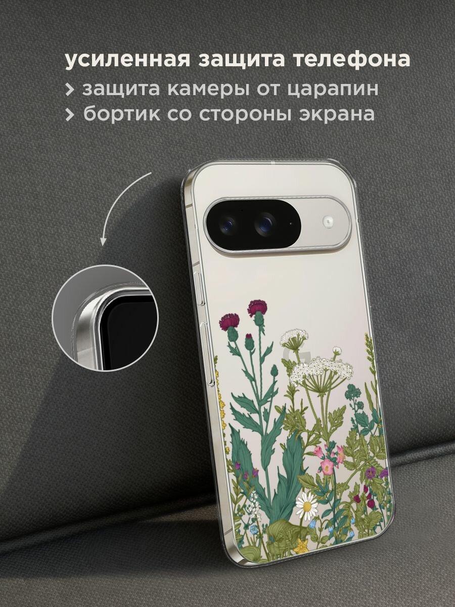Чехол на Google Pixel 9 / Гугл Пиксель 9 с принтом "Дикие полевые цветы", прозрачный — фото 1