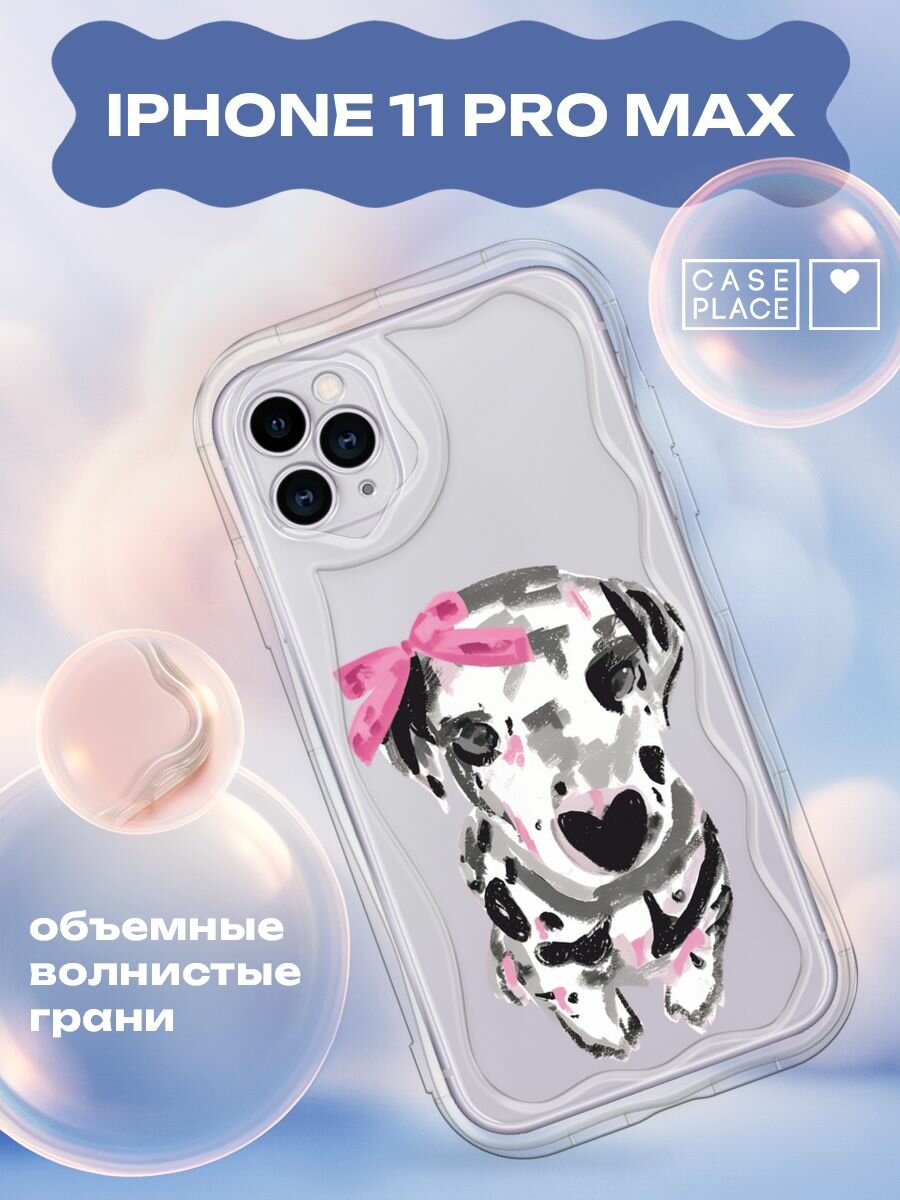 Чехол на Apple iPhone 11 Pro Max / Айфон 11 про макс с принтом "Далматинец с бантиком 3"