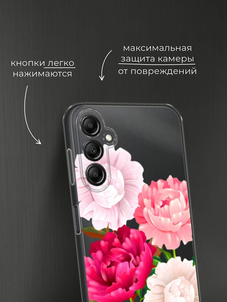 Чехол на Samsung Galaxy A15 / Самсунг А15 с принтом "Большие пионы", прозрачный — фото 1