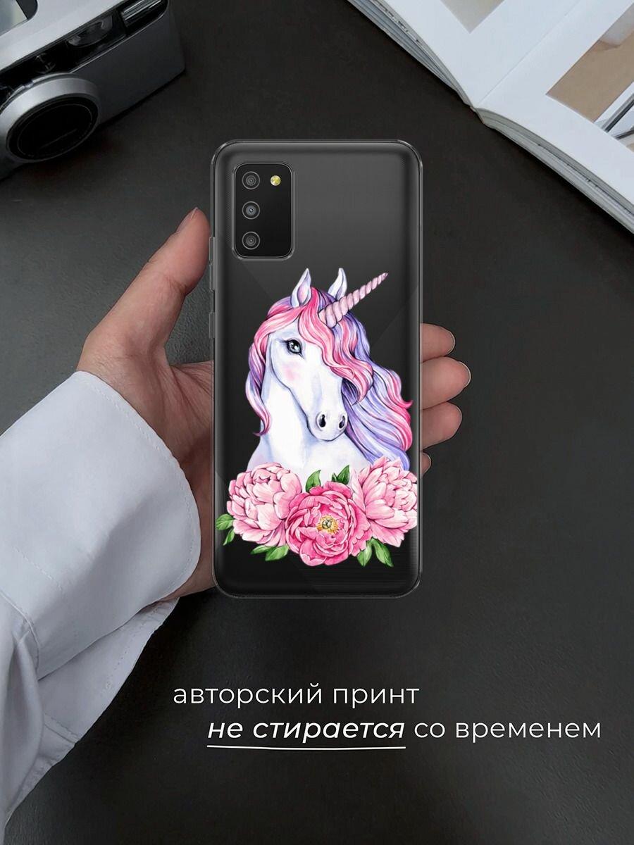 Чехол на Samsung Galaxy A02s / Самсунг Галакси A02s с принтом "Единорог с пионами", прозрачный — фото 1