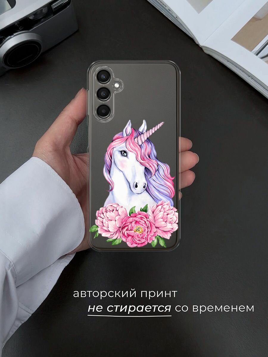 Чехол на Samsung Galaxy A24 / Самсунг Галакси A24 с принтом "Единорог с пионами", прозрачный — фото 1