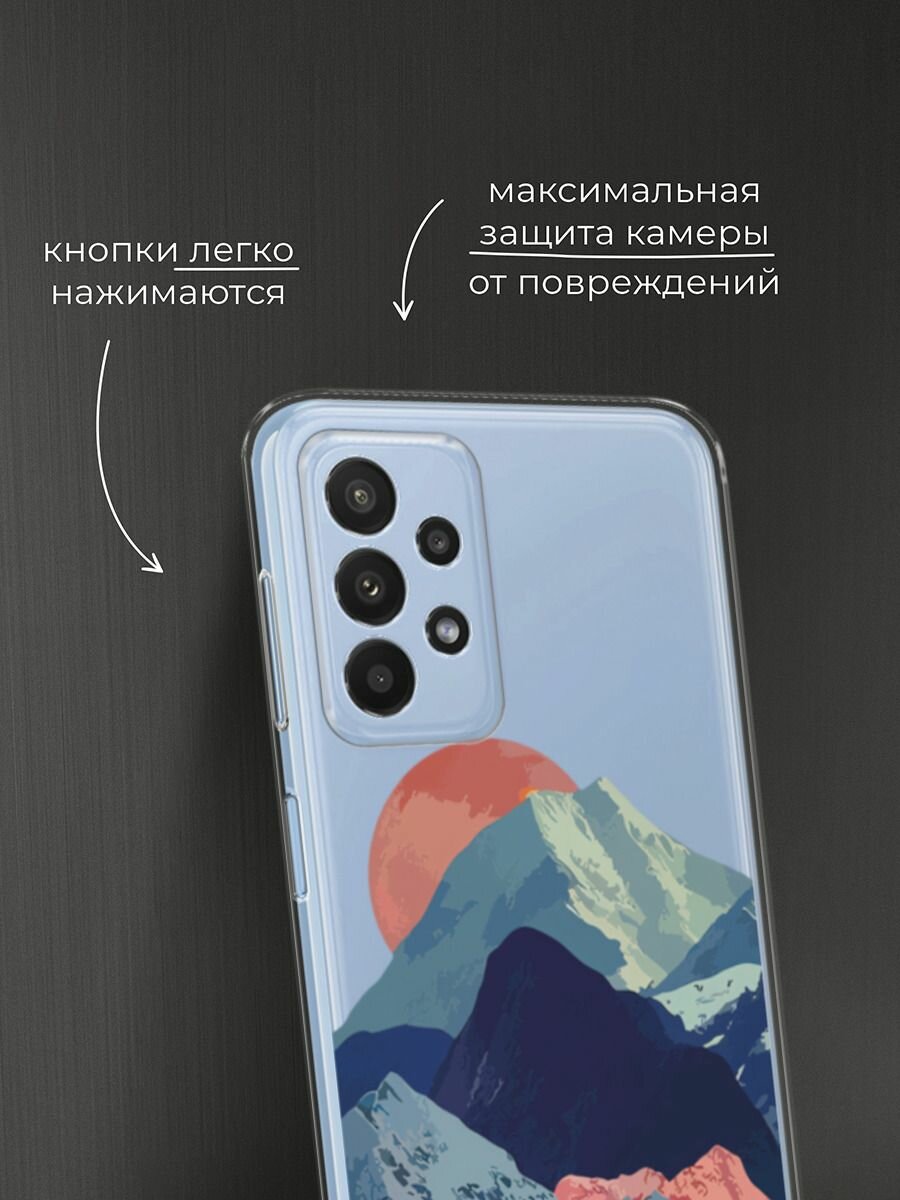 Чехол на Samsung Galaxy A23 / Самсунг Галакси А23 с принтом "Закат в снежных горах", прозрачный — фото 1