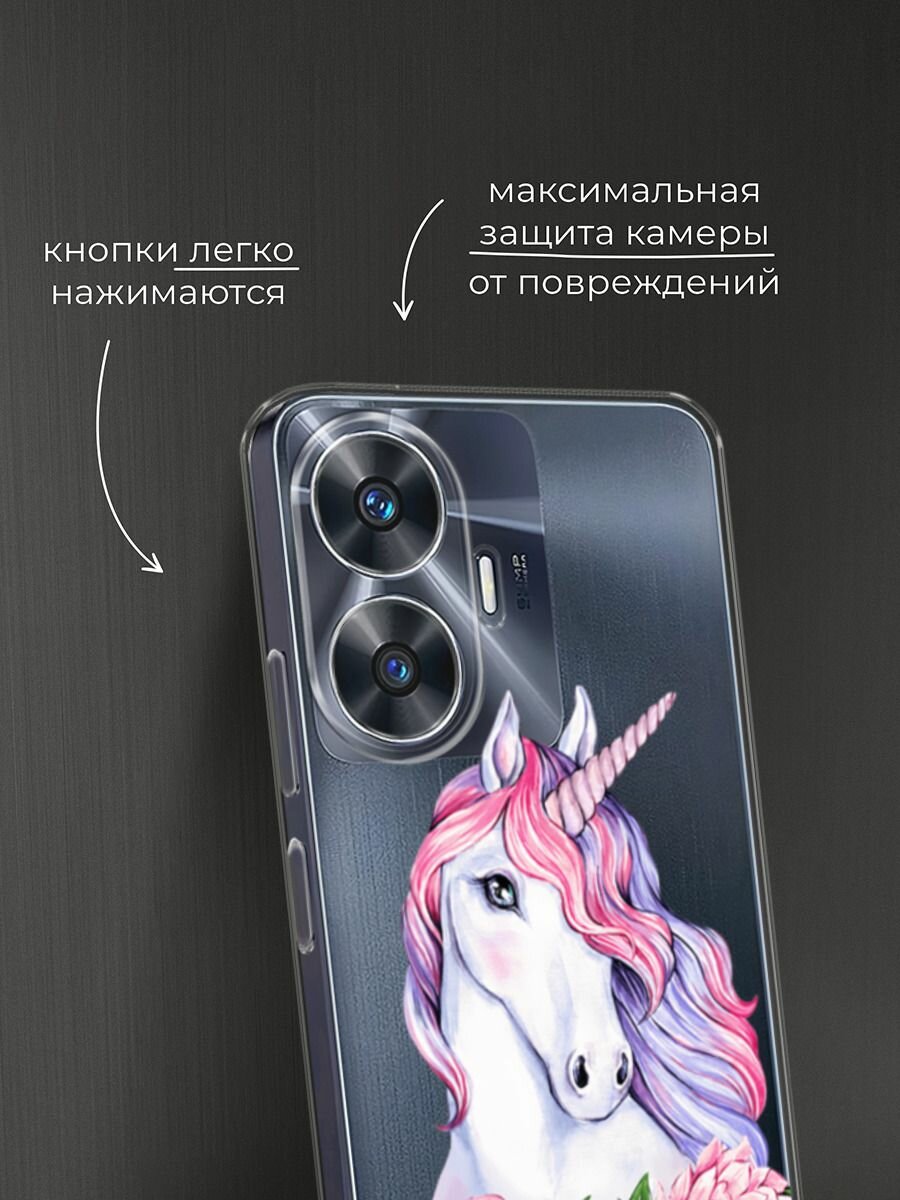 Чехол на Realme C55 / Реалми C55 с принтом "Единорог с пионами", прозрачный — фото 1