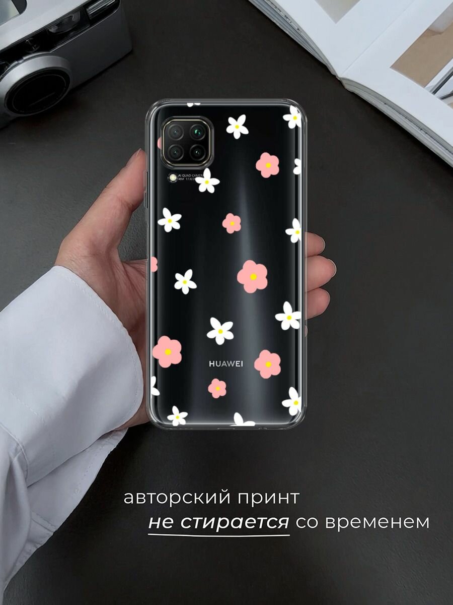 Чехол на Honor 30S Global/Huawei P40 Lite 5G/Nova 7 SE с принтом "Розовые и белые цветы", прозрачный — фото 1