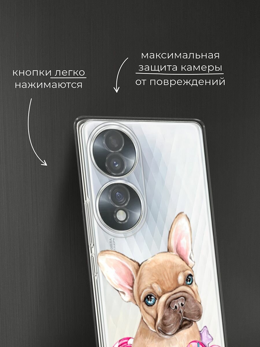 Чехол на Honor 70 / Хонор 70 с принтом "Бульдог и сладости", прозрачный — фото 1