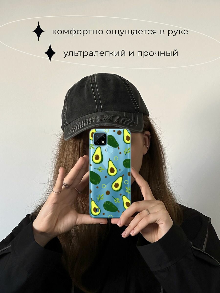 Чехол на Realme C21 / Реалми С21 с принтом "Авокадо паттерн", прозрачный — фото 1