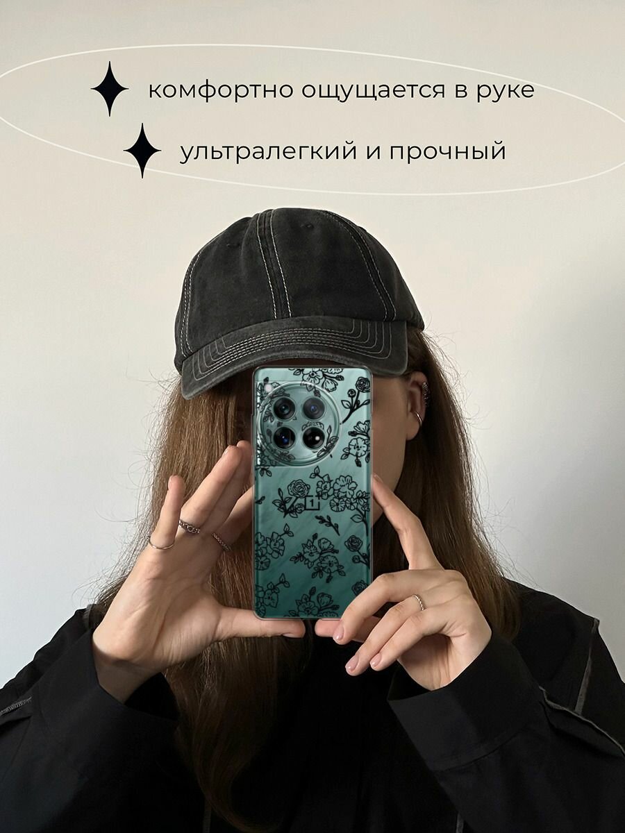 Чехол на OnePlus 12 / Ван Плас 12 с принтом "Черные розы паттерн", прозрачный — фото 1