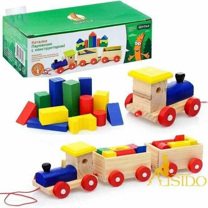 Развивающая Игрушка 3 в 1 для малышей от 1 - 2 - 3 года: Конструктор - Кубики - Каталка детская, Новогодний подарок для детей, "Паровозик"