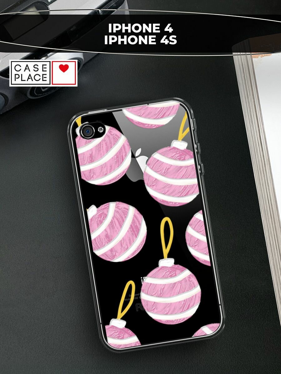 Чехол на Apple iPhone 4/4S / Айфон 4/4S с принтом "Розовые новогодние шарики 3"