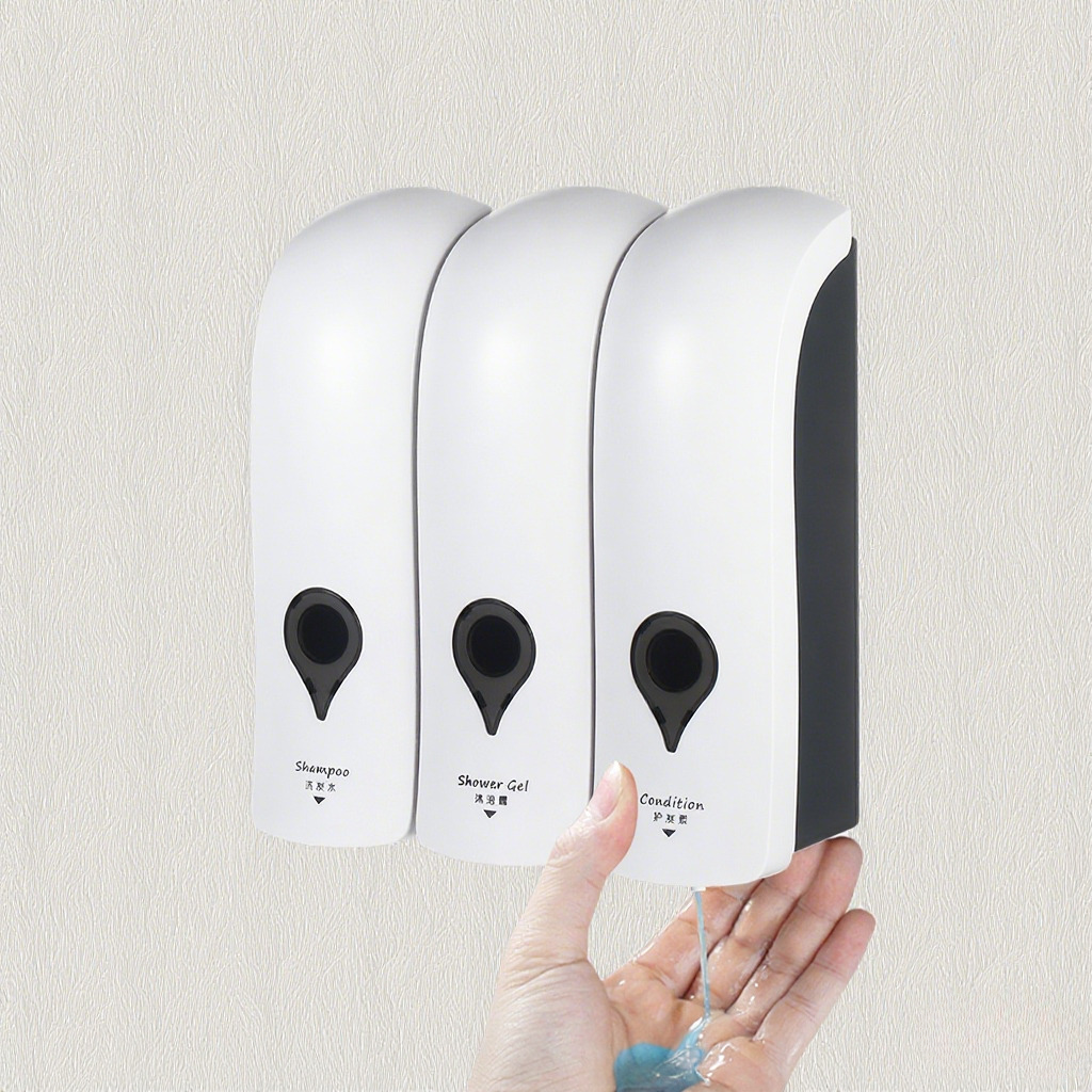 Ручной дезинфицирующий дозатор 3 отсека по 300мл/10.2 унции, настенный, для жидкого шампуня, геля для душа, жидкого мыла, для кухни, ванной, дома, отеля, белый/серый/шампанское золото, ABS, объем 3*300мл, выпуск жидкости 1.2мл за нажатие, крепление на