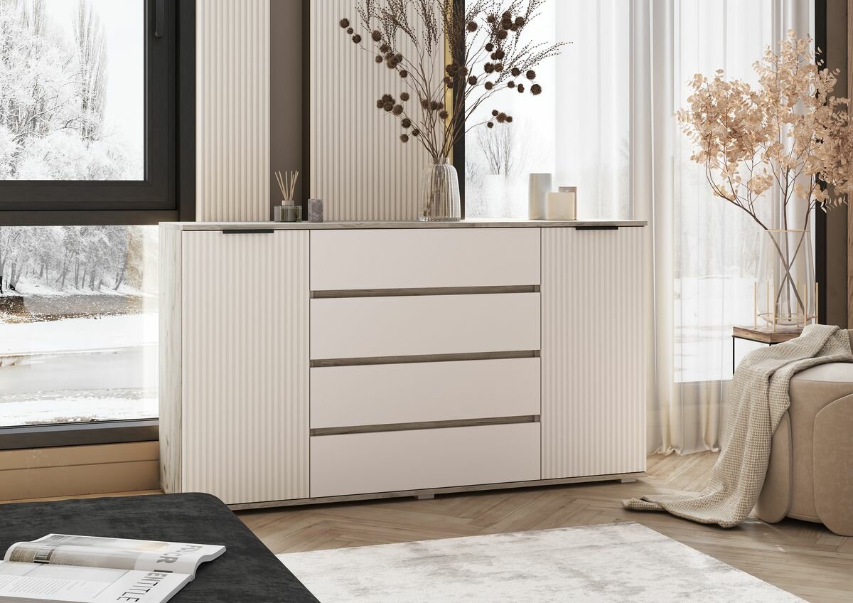 Марвэл Комод 2 двери 4 ящика (1600) (Кашемир, Дуб Крафт серый)