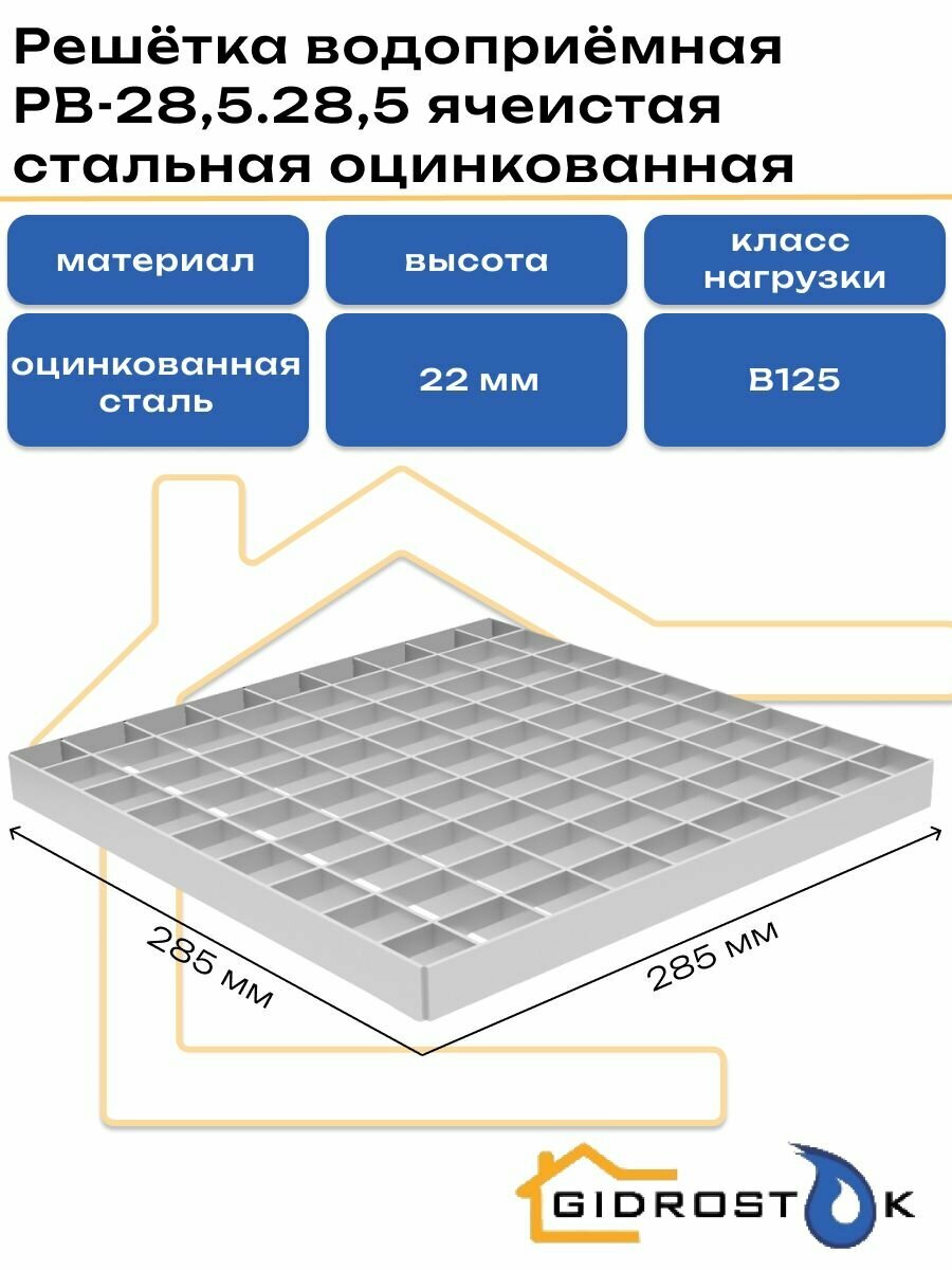 Решётка водоприёмная РВ-28,5.28,5 ячеистая стальная оцинкованная ячейка 33х22 мм класс В125