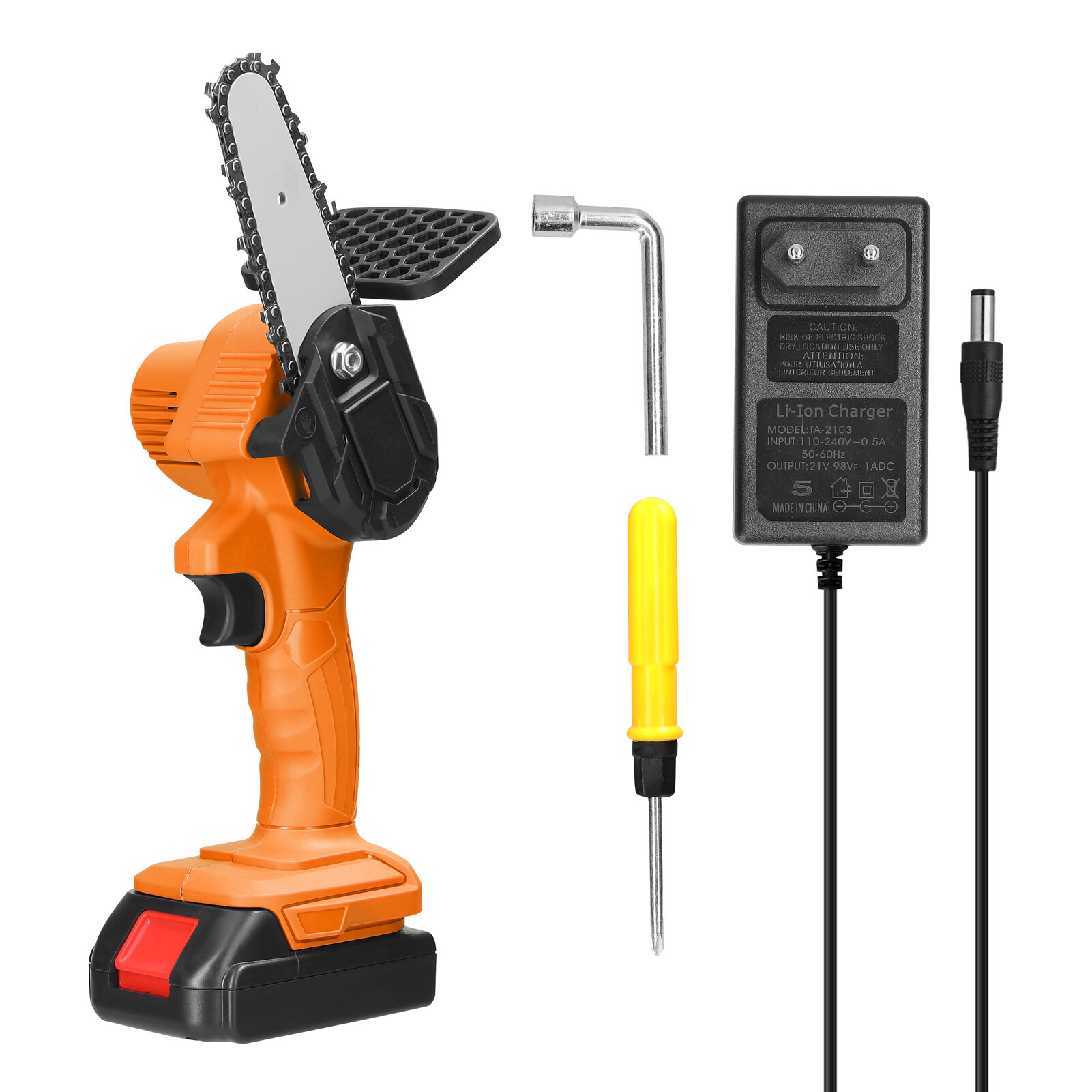 21V 4-дюймовая перезаряжаемая литиевая электрическая пила для обрезки, портативная небольшая бензопила для колки дров, одноручный электроинструмент для деревообработки в саду и саду.