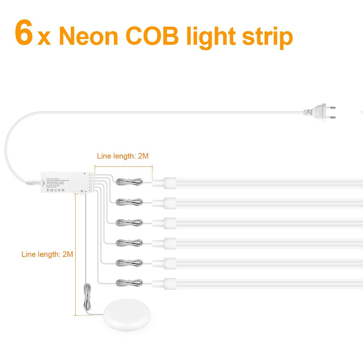 Светодиодная Warm White (2700-3500K), 6PCS LED Neon Light, 2M 6.56FT, European Power Plug