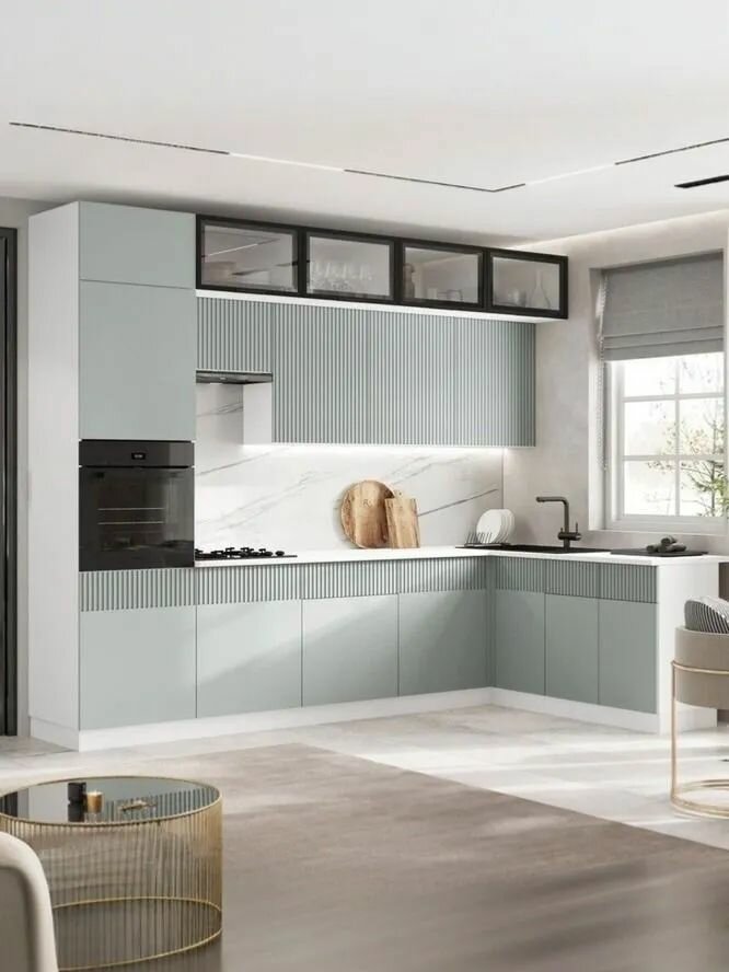 Угловая кухня Оливия МДФ/ЛДСП 3,0х1,8м Белый/Шарли бриз/ст. Антарес 26 мм прав