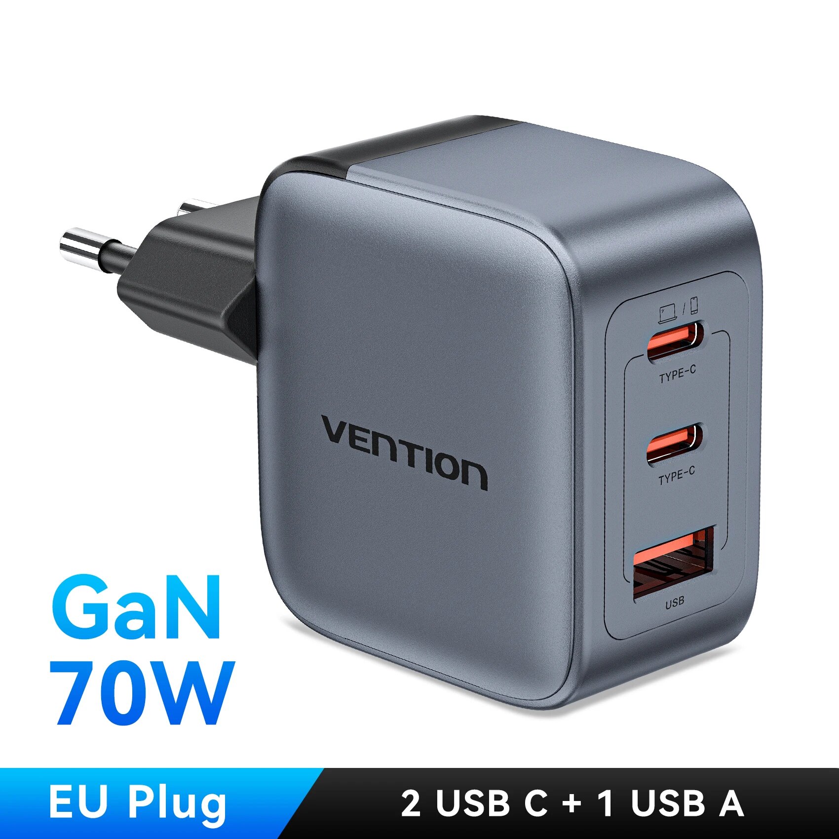 Зарядное устройство GaN Vention 70 Вт Quick Charge 3.0 USB C Зарядное устройство для iPhone 16 15 14 Pro Ноутбук Macbook Air Tablet PD Type C Быстрое зарядное устройство, EU 70W 3 Ports