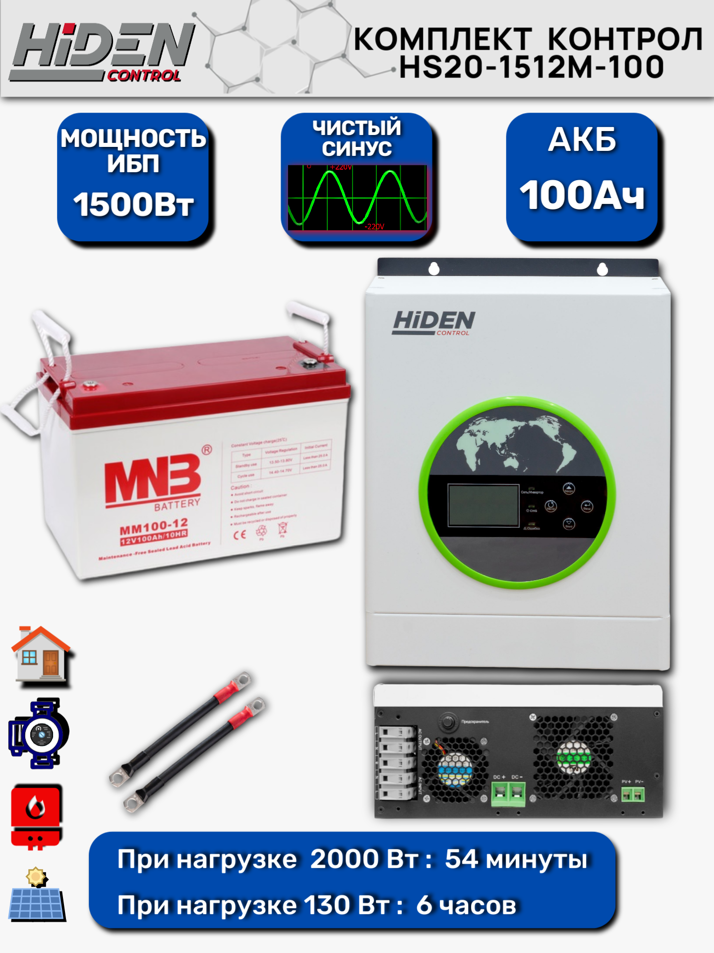 Комплект ИБП Контрол HS20-1512М-100 для дома, котла, освещения, циркуляционных насосов (1500Вт, 100Ач)