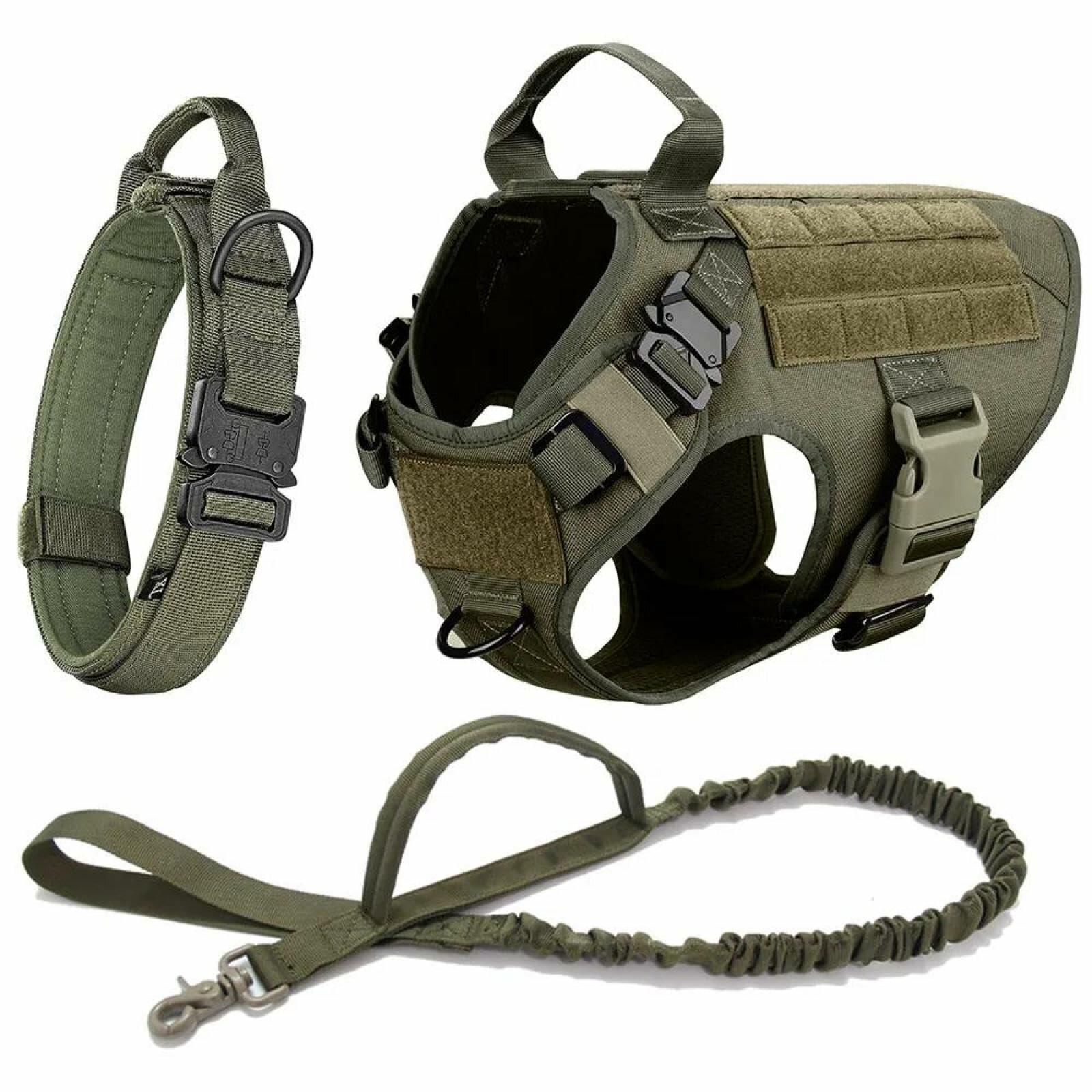 Juego De Correa Y con Arnés para Perros Táctico Militar Juego De Arnés Y Correa para De Perro Mediano Y Grande Pastor Alemán K9 Labrador Chaleco De Entrenamiento para Acampar Y Talla M (36-48cm) Verde Militar Juego De Arnés De Tres Piezas
