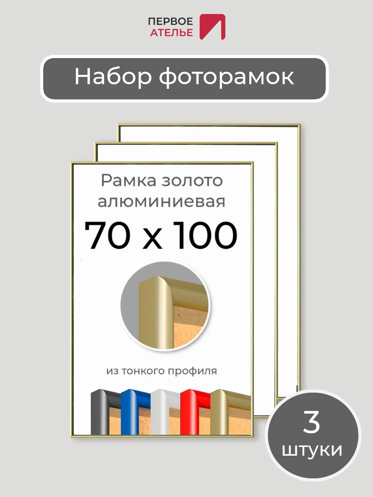 Набор рамок 70х100 см, 3 штуки Первое ателье "Золотая алюминиевая фоторамка 70х100" для пазла, вышивки, алмазной мозаики, фото, постера