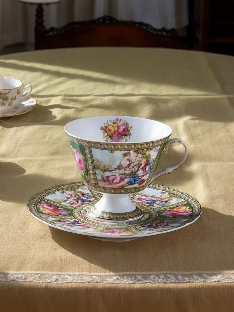 Чайная пара "(Высокая ножка - чашка с голубой розой) Маленькая талия - Набор кофейных чашек и блюдец" 180 мл на 1 перс.