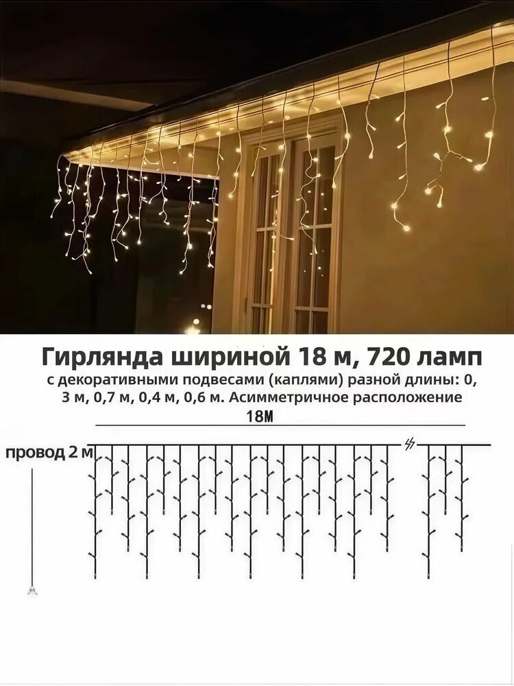 Электрогирлянда уличная Бахрома Светодиодная 720 ламп, 18 м, питание Солнечная батарея, 1 шт