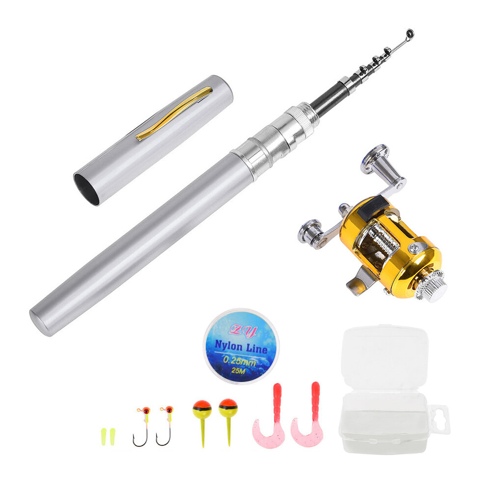 Комплект удилища и катушки для рыбалки Telescopic Pocket Pen Fishing Rod с Mini Trolling Reel, леска, мягкие приманки, крючки, аксессуары, цвет: Фиолетовый/Синий/Черный/Золотой/Серебристый/Красный