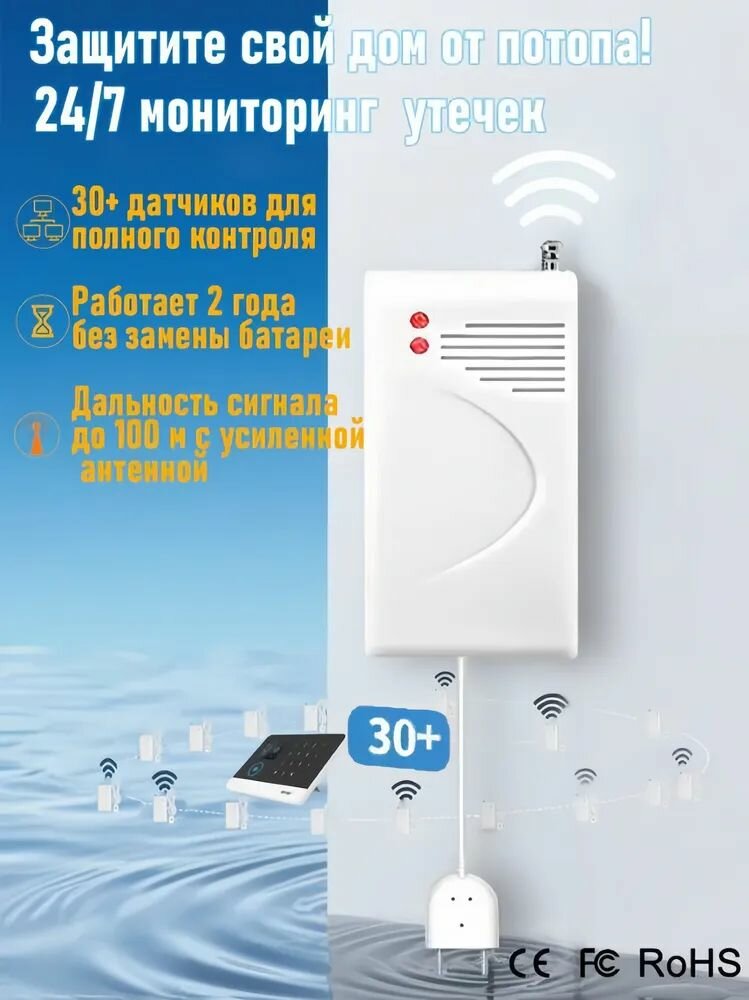 Умный датчик протечки воды с антенной 433 МГц, сигнализатор затопления (высокая чувствительность 0.5 мм)
