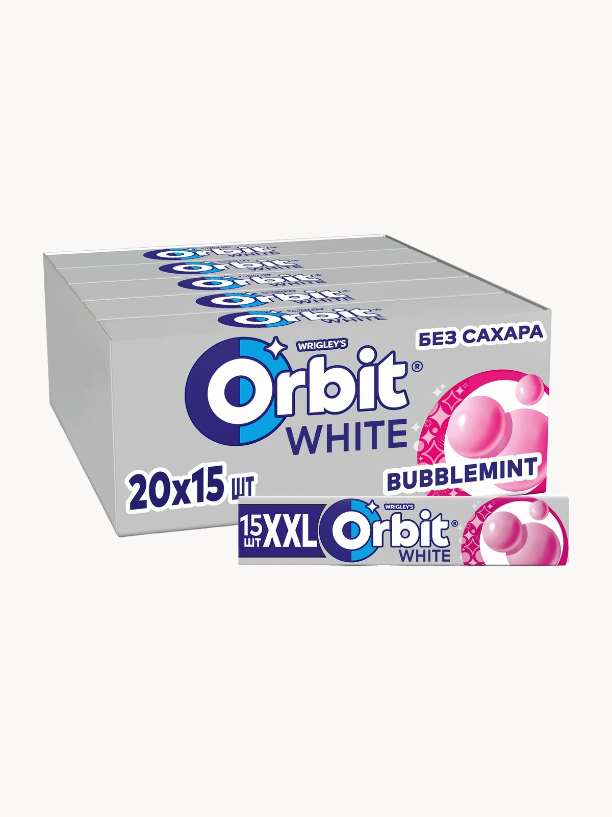 Orbit White XXL жевательная резинка без сахара "Bubblemint", 20 пачек по 20,4 гр