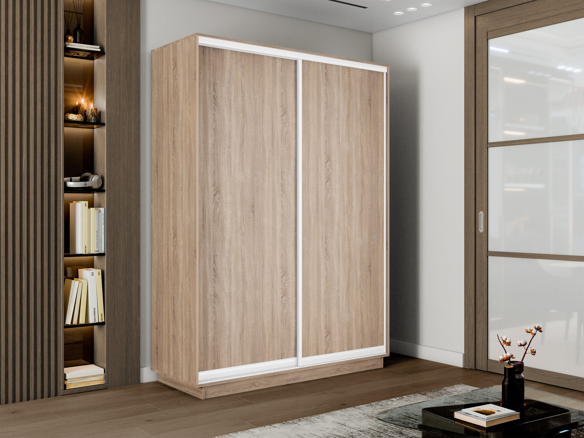 Шкаф купе Вилли 2-х дверный ЛДСП, профиль белый 140 см х 240 см х 60 см (Дуб Сонома)