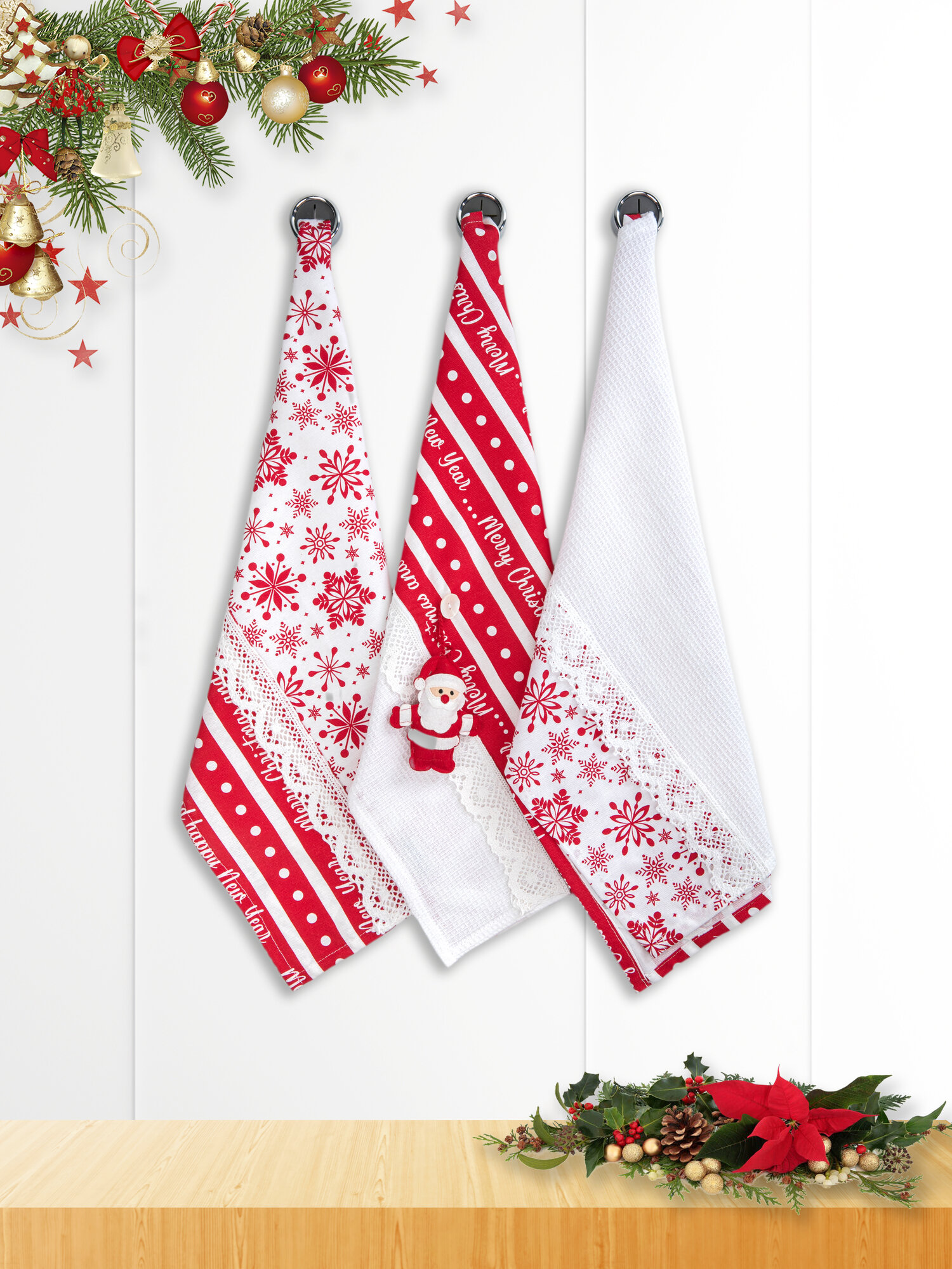 Набор новогодних кухонных полотенец 50х70 см - 3 штуки, Servalli