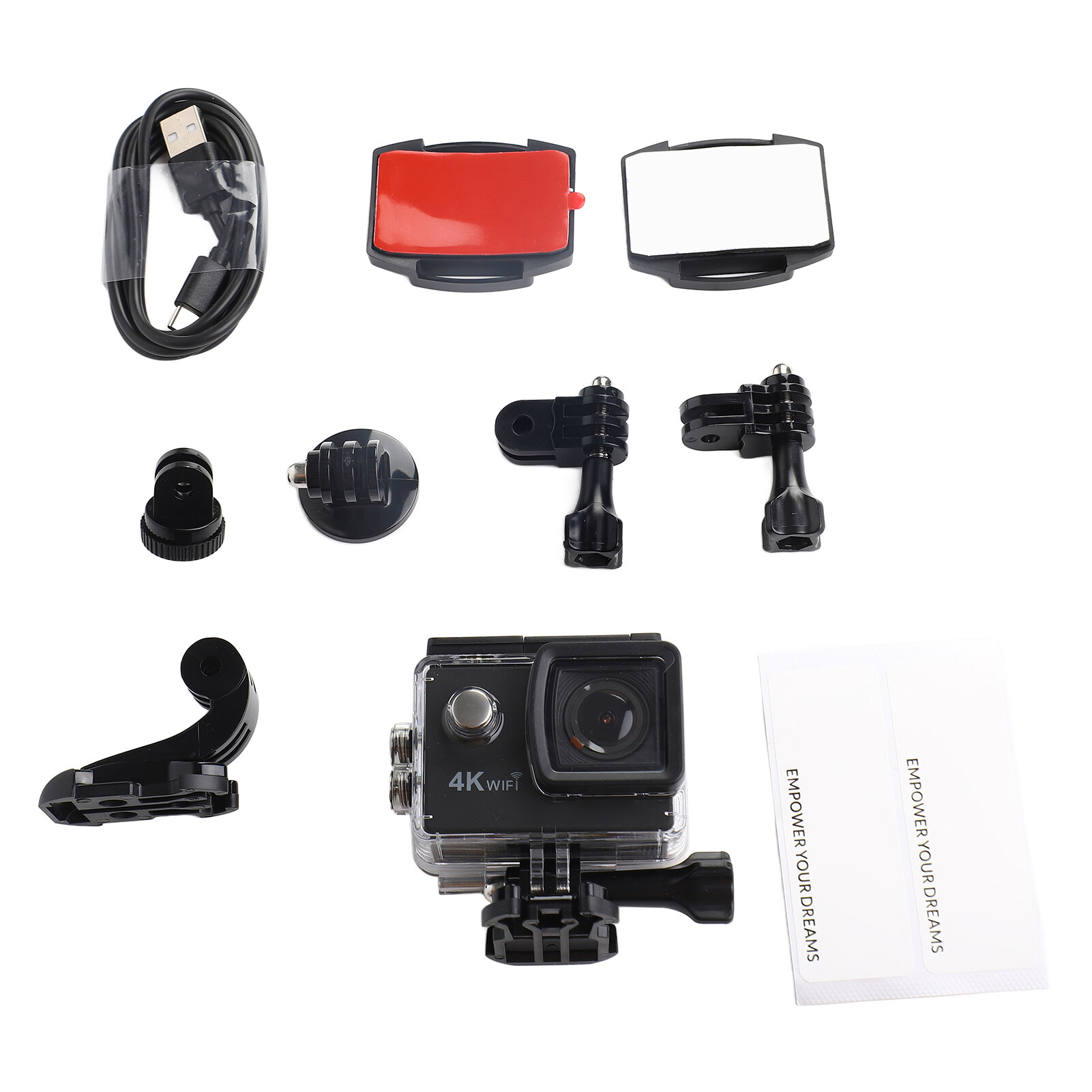 Экшн-камера 4K HD с 2-дюймовым экраном, разрешением 16 МП, широкоугольным объективом 170°, водонепроницаемостью до 30 м, поддержкой Wi-Fi и наличием чехла-адаптера.