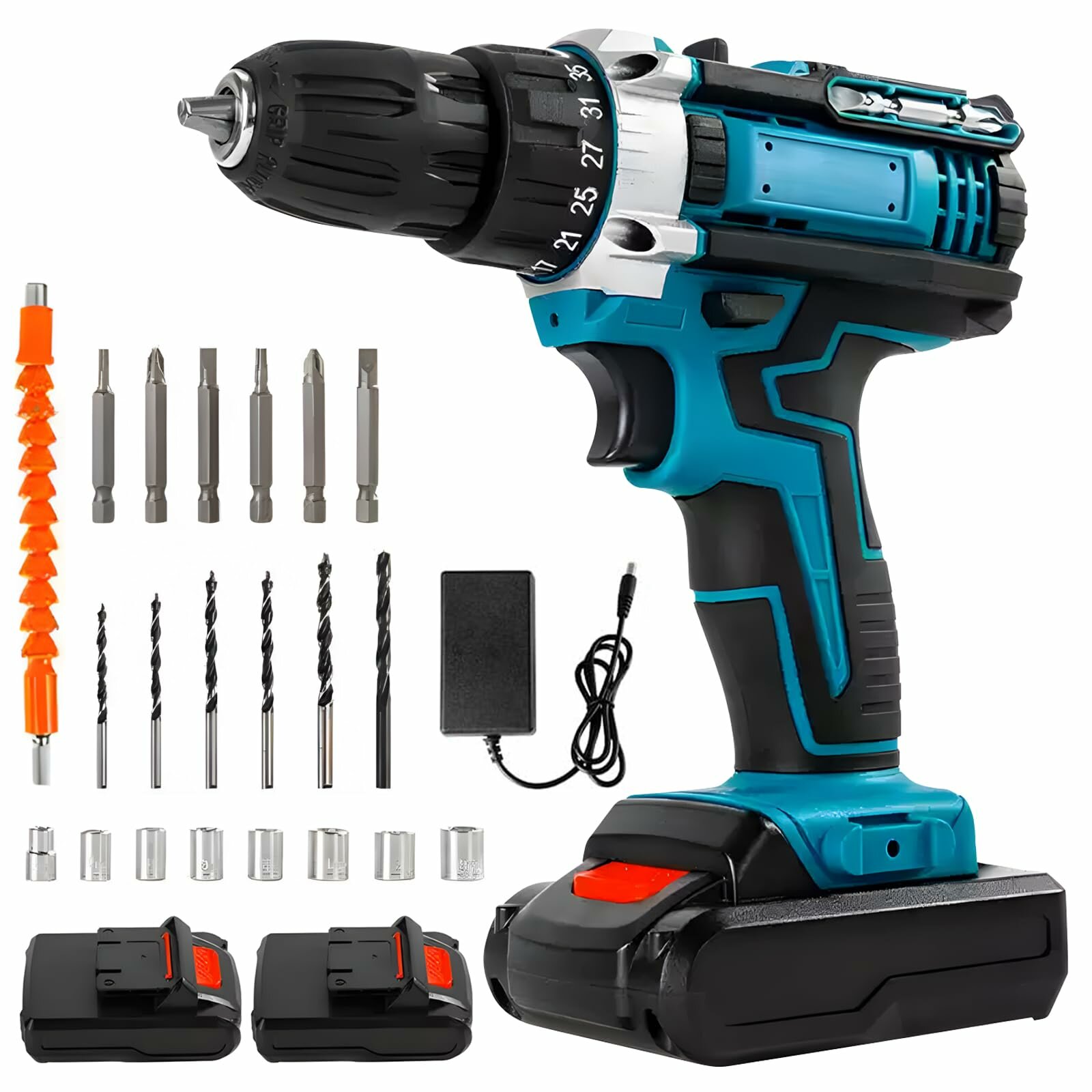 Шуруповерт аккумуляторный ударный, дрель-шуруповерт, набор инструментов в кейсе + перчатки