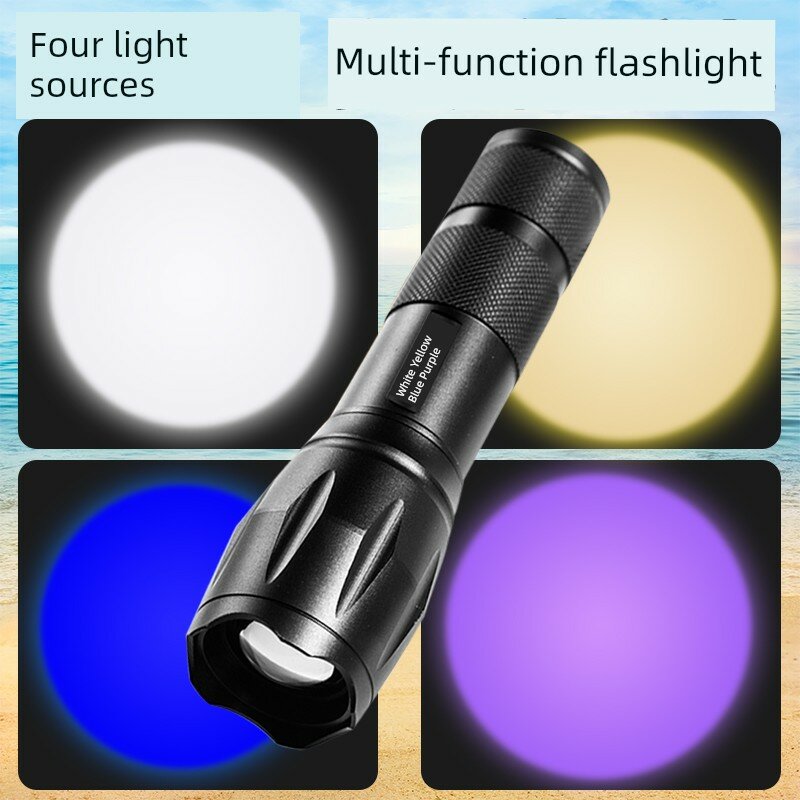 Трехцветный фонарик с источниками света белого, синего и фиолетового цветов, перезаряжаемый, с фиолетовым светом 395 нм
