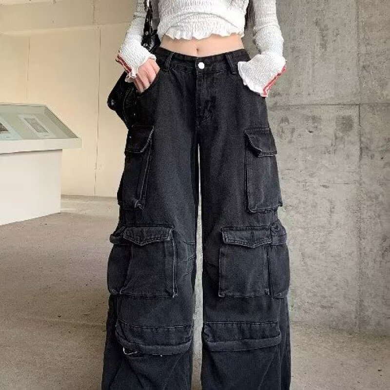 Тренд RONG CH Джинсы Мужские Карго Брюки Уличные Модные Серые Патчи Многокарманные Страненные Широкие Деним, Размер_M