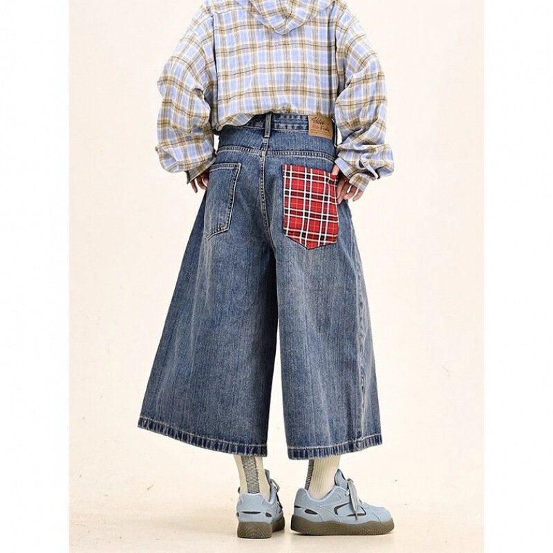 Тренд RONG CH Унисекс Джинсы Американские Шахматные Пэч Кроп Стрейт Деним, Размер_S