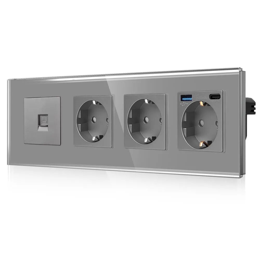 Розетка электрическая 4 поста с USB/Type-C+RJ45 Ethernet 220В 16А Стекло Рамка серый