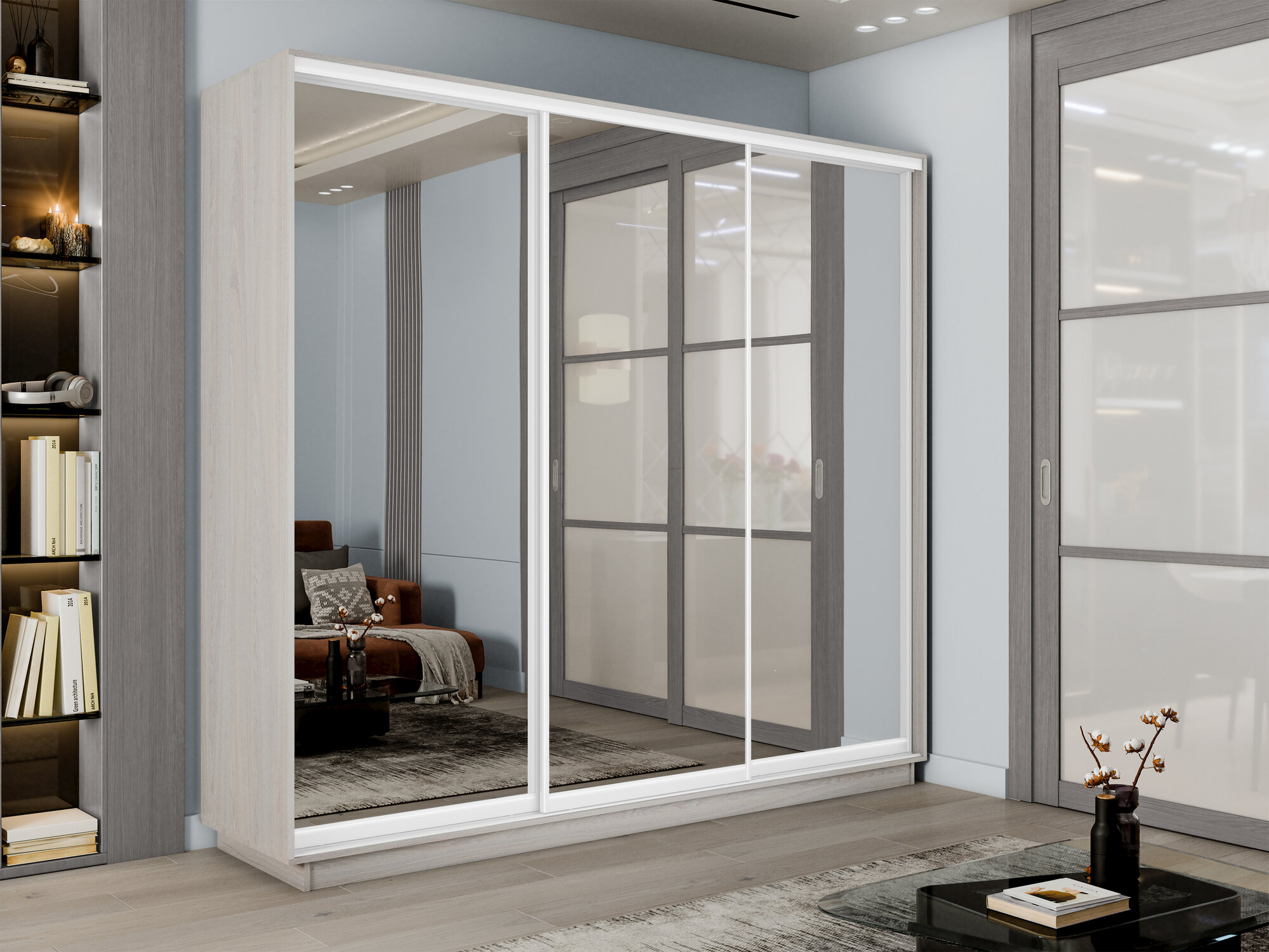 Шкаф купе Вилли 3-х дверный ЛДСП, зеркальные двери, профиль белый 210 см х 240 см х 45 см (Ясень анкор-светлый)