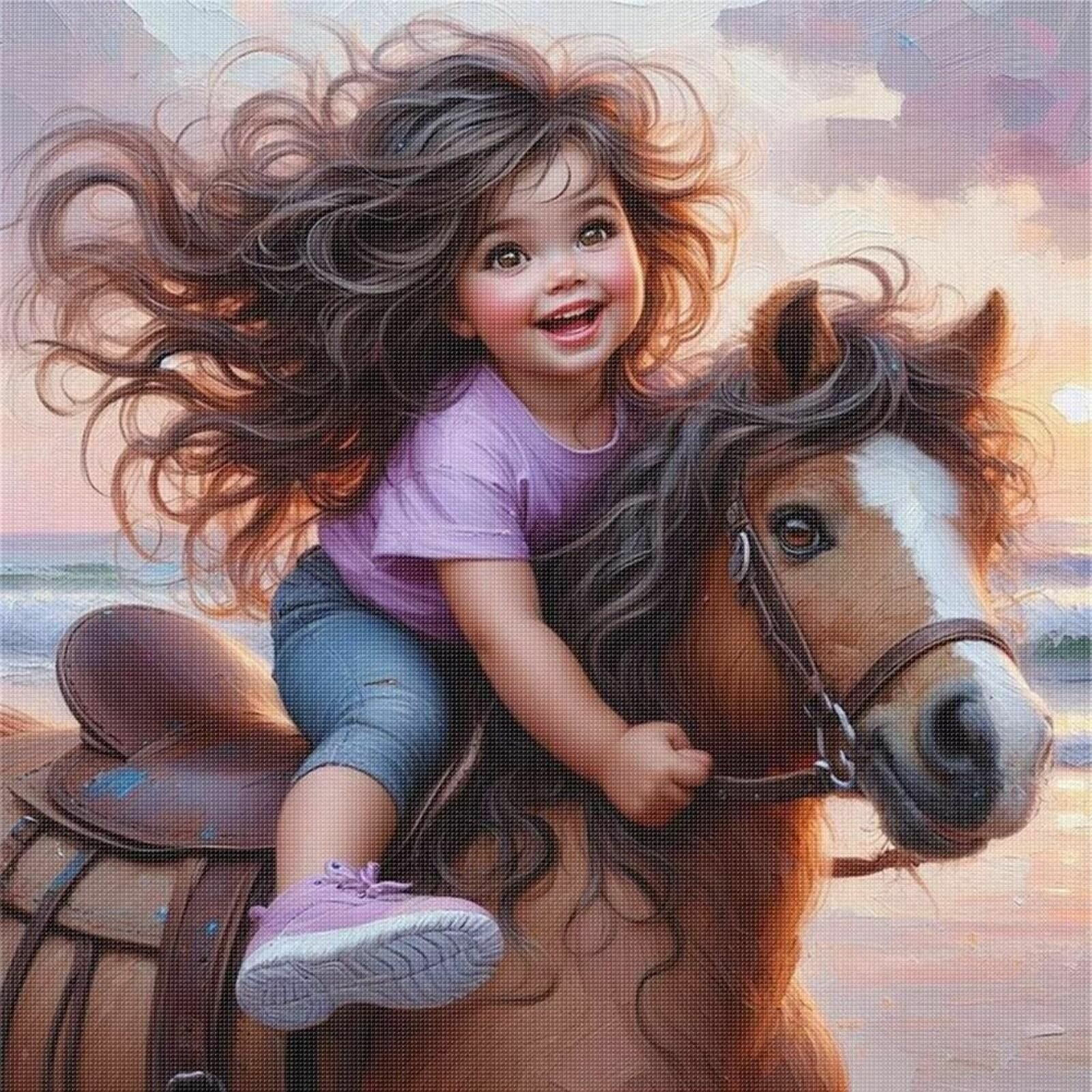 Крестиком: Девочка на лошади , 40 40 см, 11 CT, хлопковая канва с рисунком