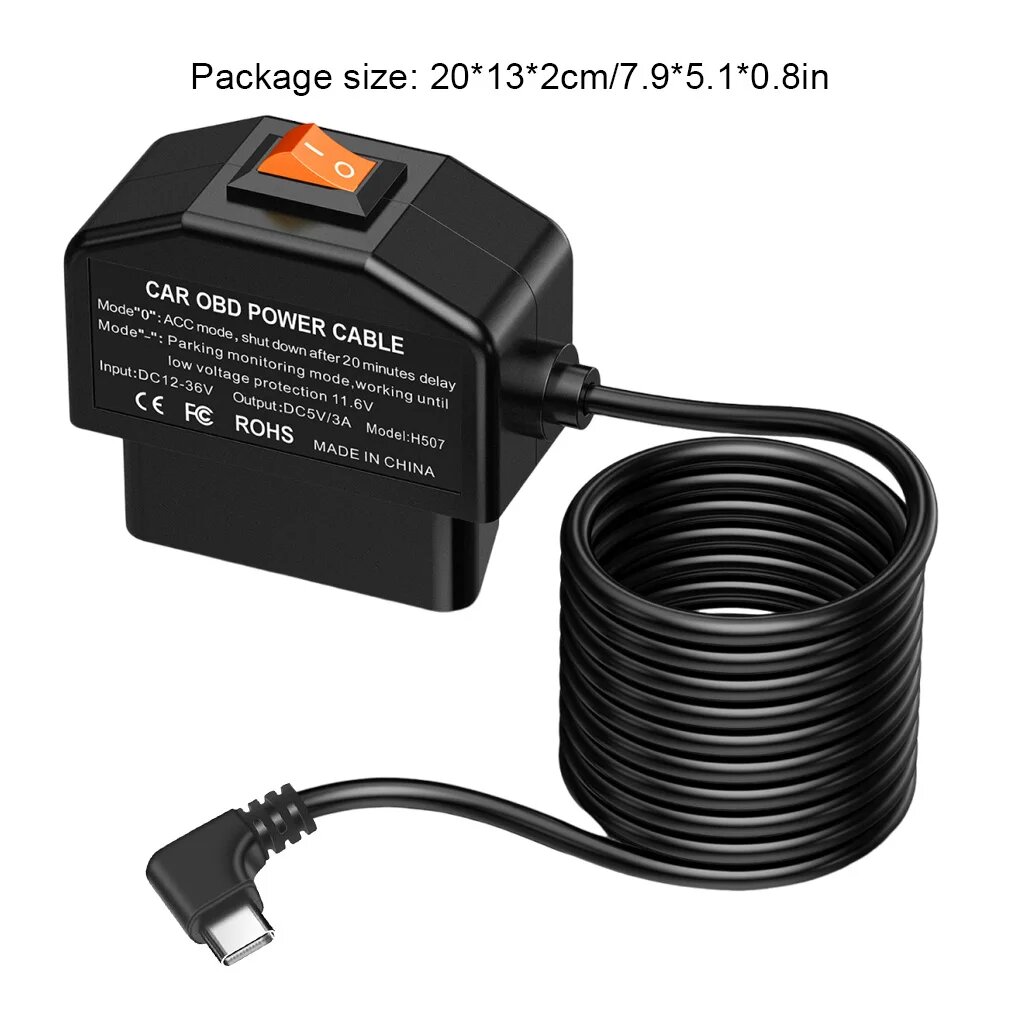 Кабель питания OBDII для видеорегистратора Кабель питания OBDII Адаптер OBD-Type-C 12-24 В до 5 В/3 А 24 часа Автомобильные аксессуары для парковки