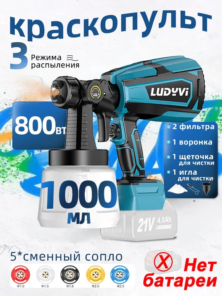 Краскопульт электрический с 3 режимами распыления и 5 медными насадками, легко моется, для покраски дома и авто, 800 Вт