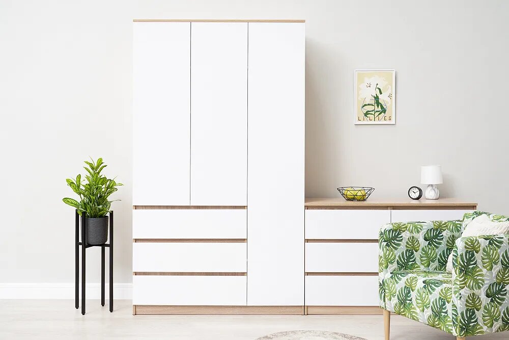 Шкаф трехстворчатый распашной 5 полок 1 штанга 3 ящика, Челси, 120.2х202.2х51.4 см, Дуб сонома/ Белый глянец