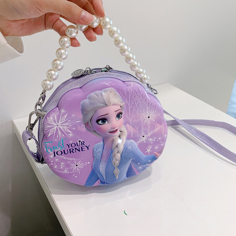 Детская сумка с изображением принцессы Эльзы из мультфильма, милая сумка принцессы, круглая сумка из PU с жемчугом, через плечо