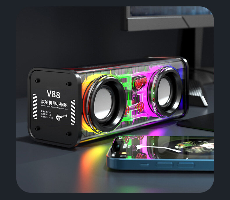 Динамик, V8, прозрачный, механический, 2 динамика, Bluetooth 5.0