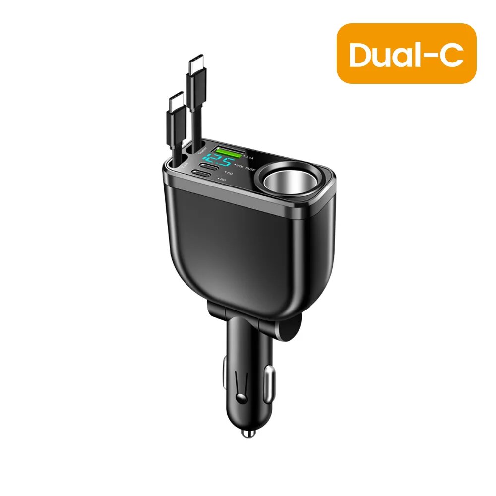 Автомобильное зарядное устройство USB Type-C на 150 Вт с 5 портами, быстрой зарядкой и выдвижным кабелем USB-C для iPhone, Xiaomi, Huawei