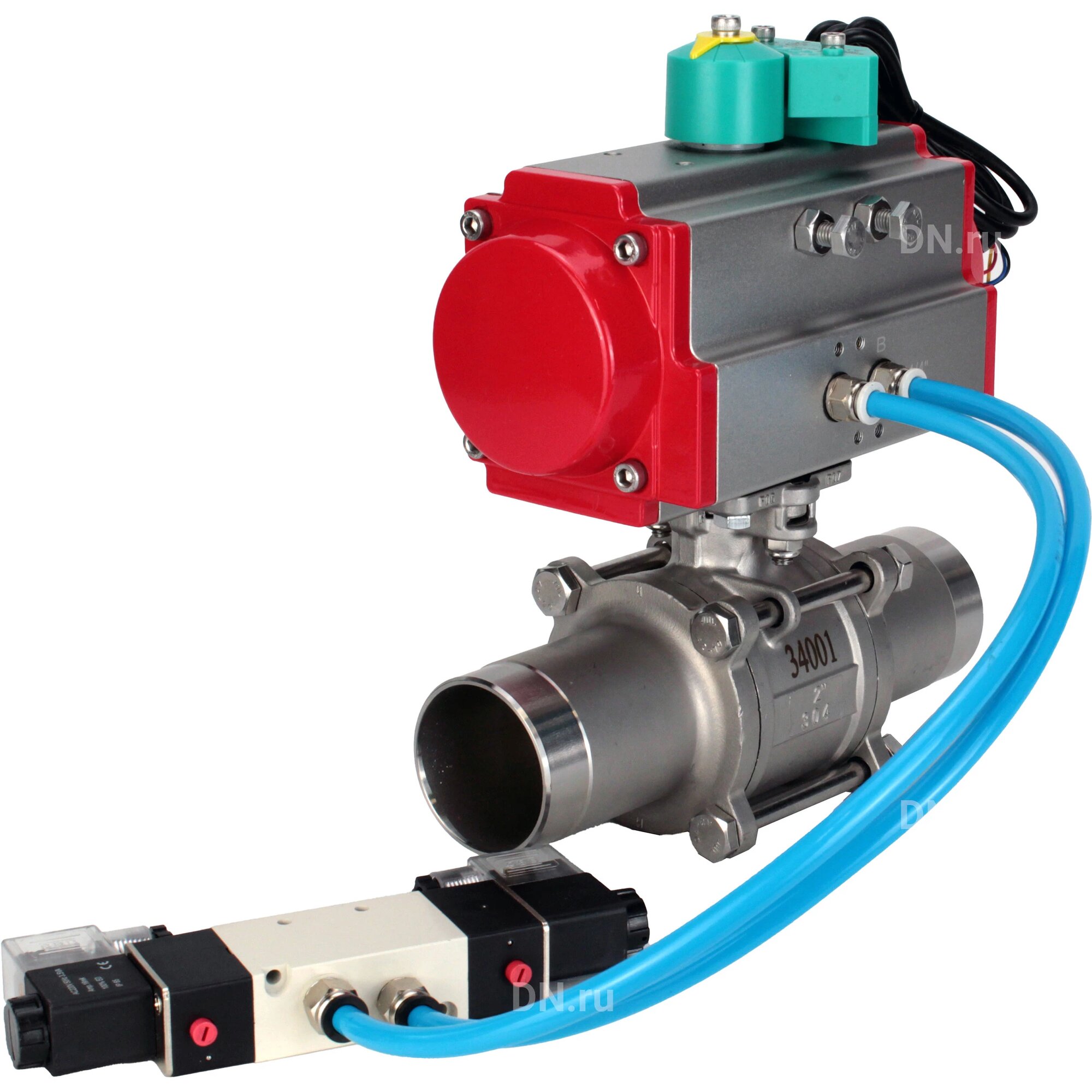 Кран шаровой DN.ru 316-316-PTFE-W-ISO-H LONG Ду20 Ру63 полнопроходной, корпус - нержавеющая сталь 316, уплотнение - PTFE, под приварку, с пневмоприводом DA-065, пневмораспределителем PND1-S2EM-52-2-T10-220VAC и магнитным переключателем МППП-200
